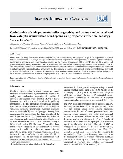 Pdf Iranian Journal Of Catalysis Optimization Of Main Parameters Affecting Activity And Octane