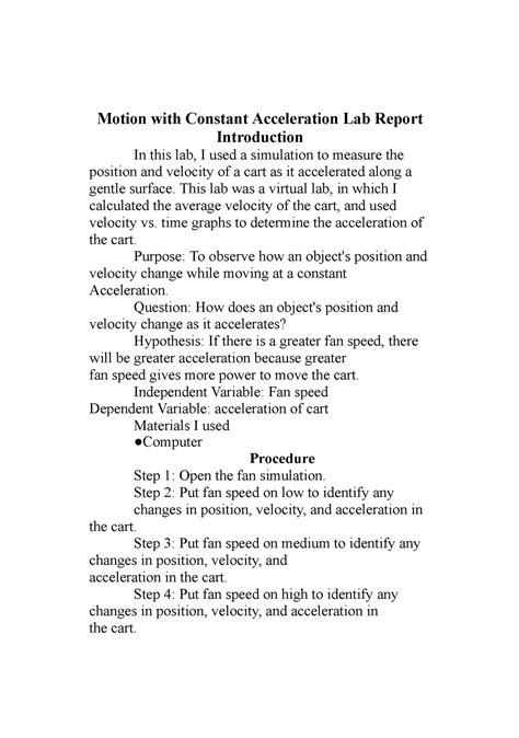 Lab Report Motion With Constant Acceleration Motion With Constant Acceleration Lab Report