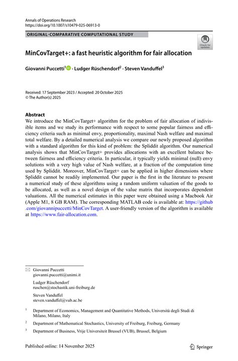 Pdf Mincovtarget A Fast Heuristic Algorithm For Fair Allocation