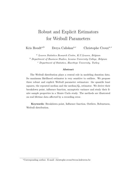 Pdf Robust Explicit Estimators Of Weibull Parameters