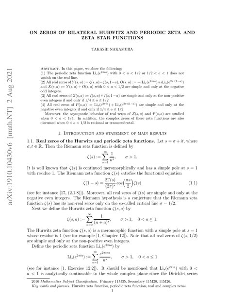 Pdf On Zeros Of Bilateral Hurwitz And Periodic Zeta And Zeta Star Functions