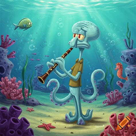 Squidward Tentacles Plays A Clarinet Underwater Amidst Coral And