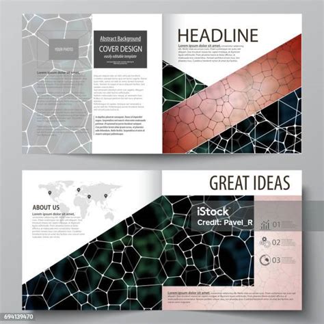 사각형 디자인 Bi에 대 한 비즈니스 템플릿 접어 소책자 플라이어 커버 전단지 레이아웃 벡터 화학 패턴 분자 질감 다각형 분자 구조 셀 의학 미생물학 개념 2단 브로슈어에