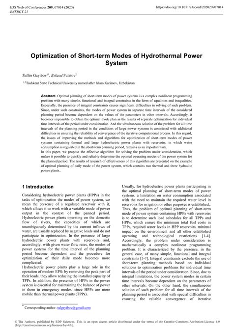 Pdf Optimization Of Short Term Modes Of Hydrothermal Power System