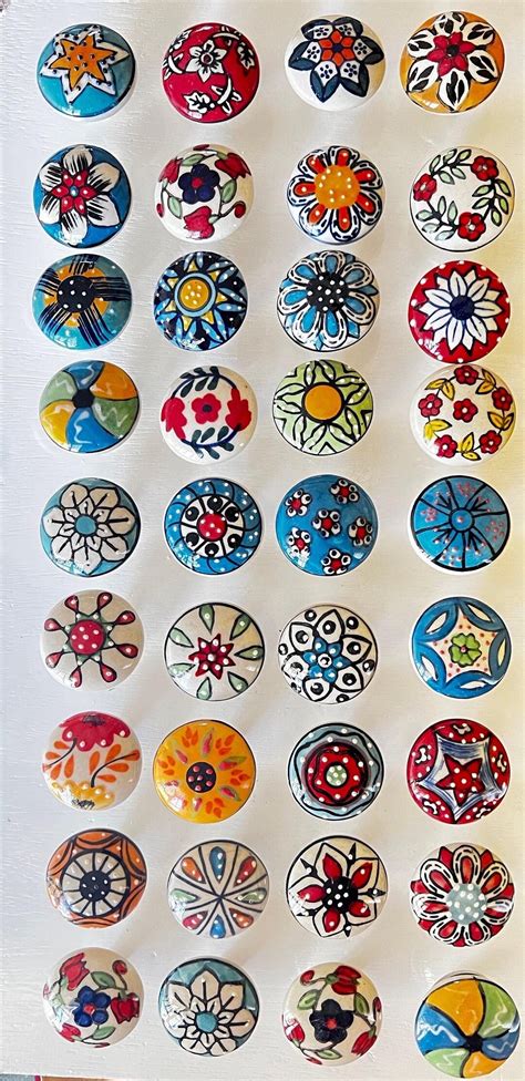 6 Pc Of Assorted Cabinet Ceramic Knobs Classic Colorful Designs