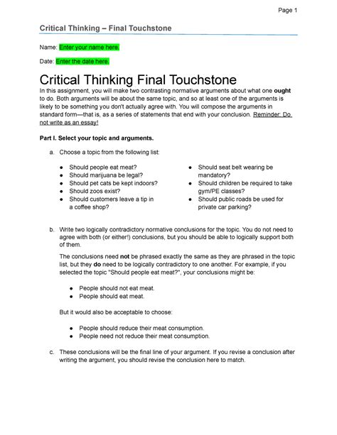 Critical Thinking Touchstone 4 Template Name Enter Your Name Here