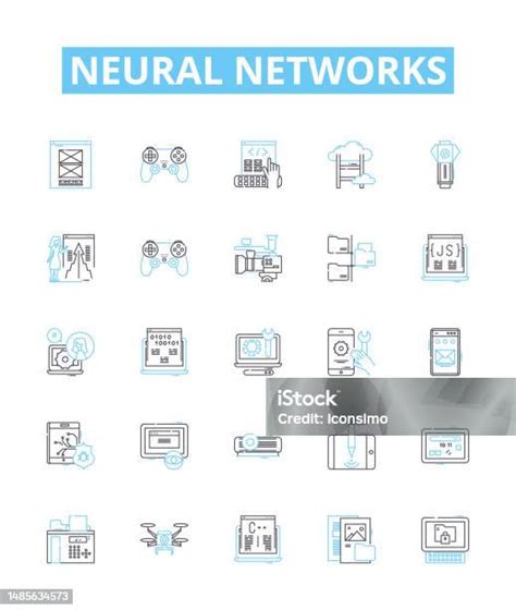 신경망 벡터 라인 아이콘이 설정되었습니다 뉴런 네트워크 학습 Ai 가중치 시냅스 깊은 그림은 개념 기호와 기호를 설명합니다