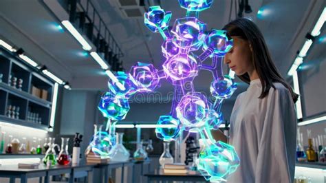 Futuristic Science Experiment Woman Interacting With Glowing Molecular Structures In A Hightech