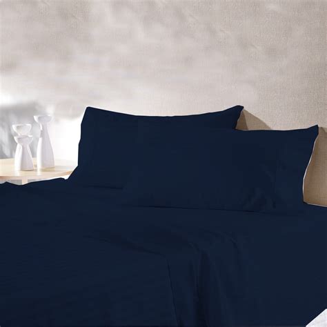 100 Egyptian Cotton 4 Pcs Sheet Set Stripe 15 Inches Navy Bluecal