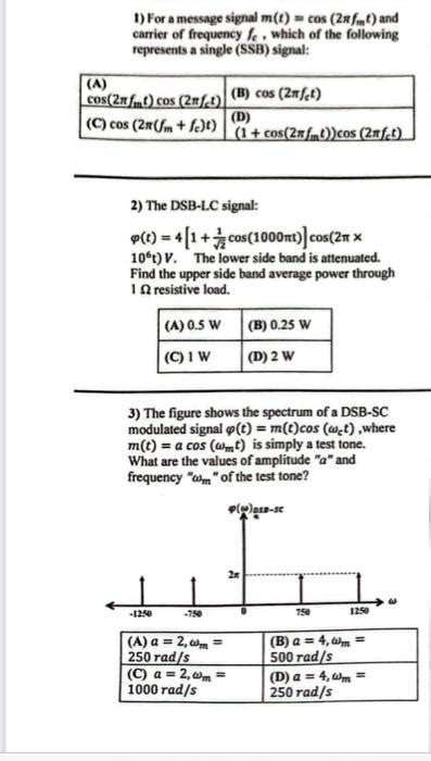 Solved 1 For A Message Signal M T Cos 2nfmt And Carrier Chegg Com