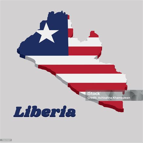3 차원 지도 외곽선과 라이베리아의 국기 빨간색과 흰색 교대 11 가로 줄무늬 캔 톤에서 파란색 필드에 흰색 별입니다 0명에 대한 스톡 벡터 아트 및 기타 이미지 Istock