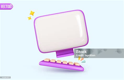 키보드로 데스크톱 컴퓨터를 모의하십시오 화이트 스크린 장치 모형 정리 빈 모니터 창조적 인 개념 아이디어 현실적인 3d 디자인