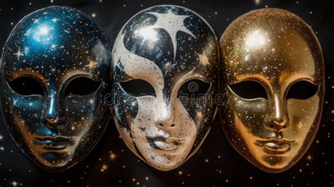 Ethereal Starlight Trio Of Celestial Masks Adorned With Stars Against A