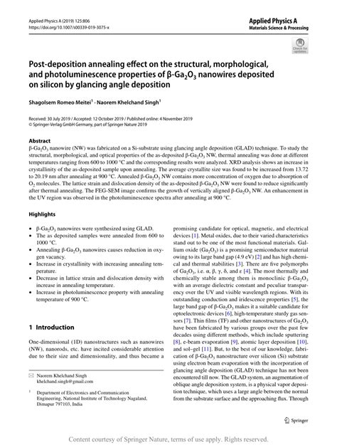 Post Deposition Annealing Effect On The Structural Morphological And