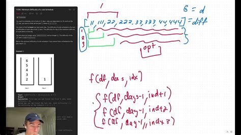 Minimum Difficulty Of A Job Schedule 1335 Leetcode Python3 Youtube