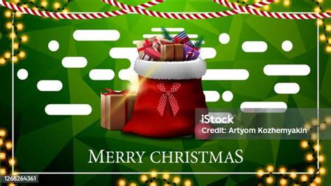 메리 크리스마스 화환 다각형 질감 추상적인 액체 모양 선물이 있는 산타클로스 백이 있는 그린 엽서 12월에 대한 스톡 벡터 아트 및 기타 이미지 Istock