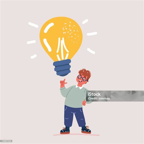 창의성 상자 밖에서 생각 아이디어 및 과학 개념의 벡터 그림 빛나는 전구 램프를 들고 미소를 짓는 어린 소년 아이에 대한 스톡 벡터 아트 및 기타 이미지 Istock