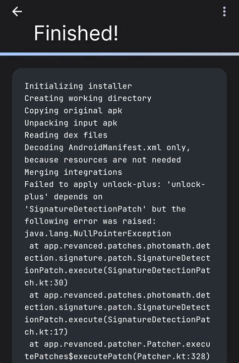Bugphotomath Patching Unlock Plus Fails On Apk Version 8210 · Issue 1852 · Revanced