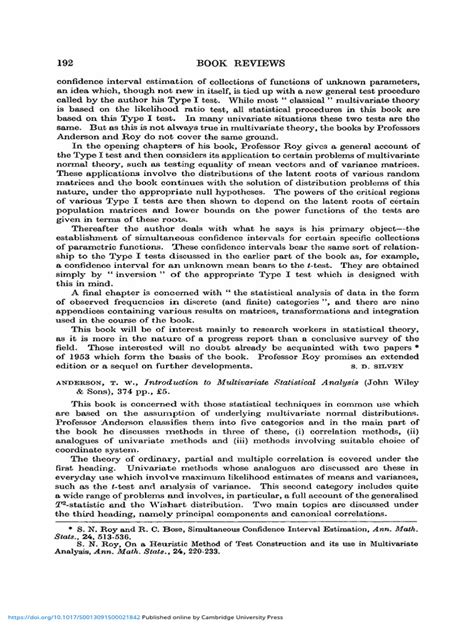 T W Anderson Introduction To Multivariate Statistical Analysis John Wiley And Sons 374 Pp Pound5