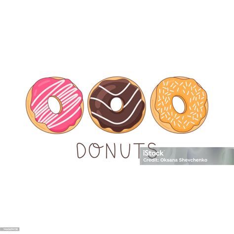 벡터 그림입니다 핑크 초콜릿 카라멜 아이싱을 곁들인 도넛 3 개 세트 인사말 카드 포스터 패치 의류 인쇄 엠블럼 장식 도넛에