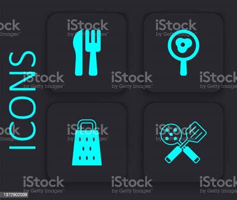 주걱 교차 된 칼과 포크 프라이팬과 그라프 아이콘에 계란 튀김을 설정합니다 검은 색 사각형 버튼 벡터 강철에 대한 스톡 벡터 아트 및 기타 이미지 Istock