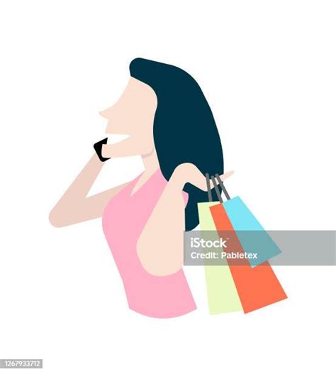 쇼핑을 하는 여자 그녀의 손에 패키지와 가방을 가진 소녀와 휴대 전화로 이야기 플랫 스타일 벡터 일러스트레이션 가방에 대한 스톡 벡터 아트 및 기타 이미지 Istock