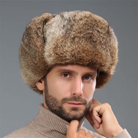 Mens Winter Real Genuine Rabbit Fur Hat Russia Trapper Earflap Ski Cap