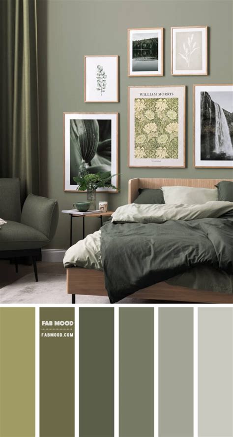 Modern Olive And Sage Green Bedroom With Natural Wood And Botanical Art