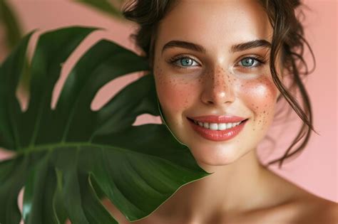 Premium Photo Young Pretty Woman With Big Green Leaf