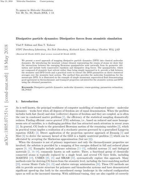 PDF Dissipative Particle Dynamics Dissipative Forces From Atomistic Simulation