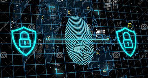 Image Of Biometric Fingerprint Markers And Data Processing Over World
