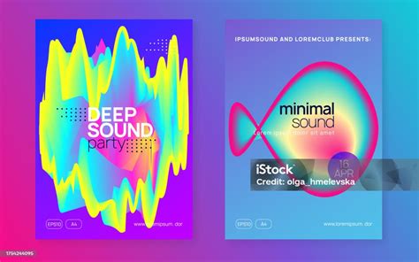 하우스 플라이어 소리와 전시 배치 초대 벡터에 대한 그래픽 배경입니다 세트용 물결 모양의 글리치 멋진 네온 파티 핑크와 블루 하우스 전단지 Dj에 대한 스톡 벡터 아트 및