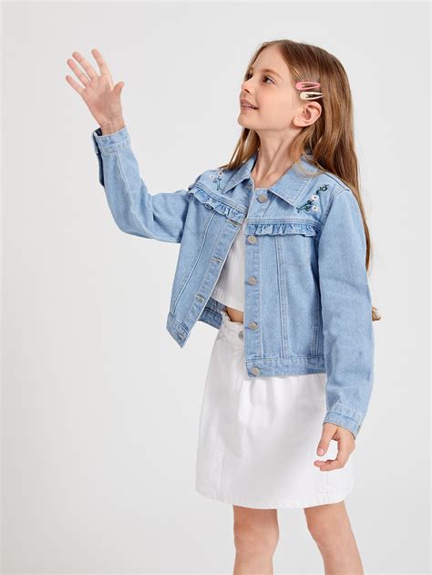 معاطف مع جاكيتات جينز للبنات التطريز كشكش الثوب بازرارأمامية رسم الزهر