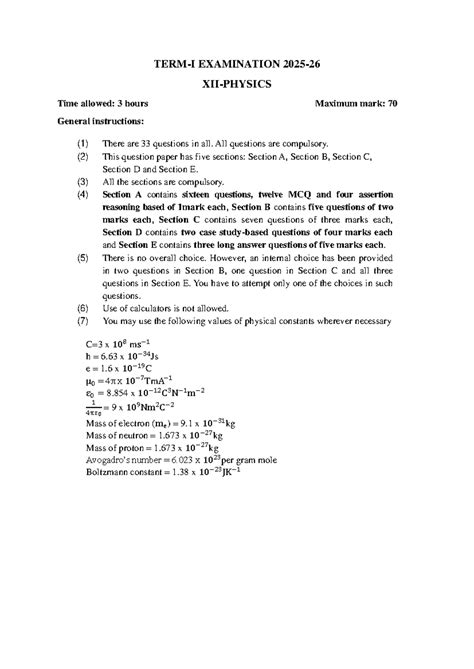 Xii Physics Term 1 Exam Paper 2025 2026 B Studocu