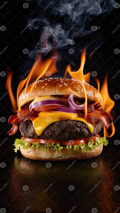 A Burger With A Flame On It Stock Illustration Illustration Of Wood