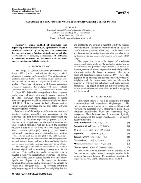 Pdf Robustness Of Full Order And Restricted Structure Optimal Control