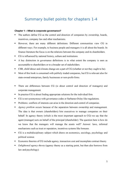 Summary Bullet Points Chapters 1 4 Summary Bullet Points For Chapters