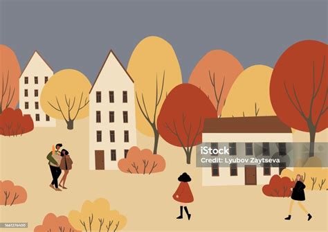 가을 장면 클립 아트 도시 공원에서 사람들과 함께하는 가을 포스터 가을 시즌 인쇄 가능한 카드 가을 분위기 벽 아트 인쇄 플랫