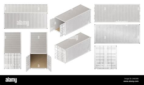 3d Render Illustration Of A Set Of Cargo Containers In Multiple Isometric Ortograpphic Views
