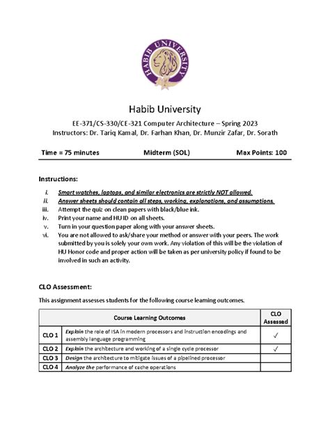 Old Midterm Solution V2 Habib University Ee 371 Cs 3 30ce 321