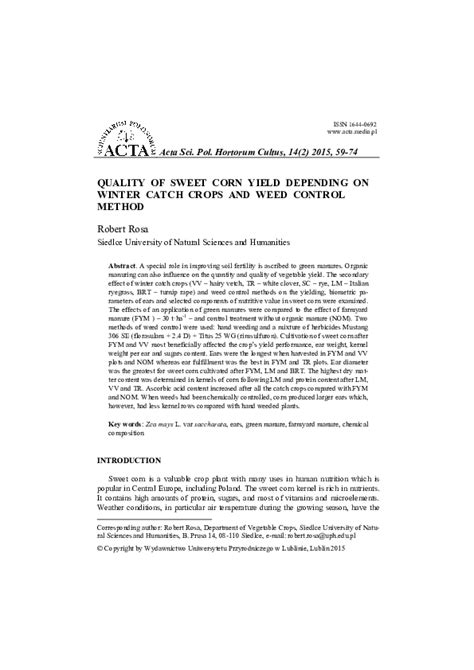 Pdf Quality Of Sweet Corn Yield Depending On Winter Catch Crops And