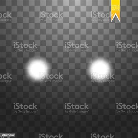 자동차 헤드라이트 투명 한 어둠의 배경에 고립의 라운드 광선의 현실적인 백색 발광 디자인을 위한 벡터 밝은 기차 조명입니다 쉽게 조명 플래시 빛에 대한 스톡 벡터 아트 및