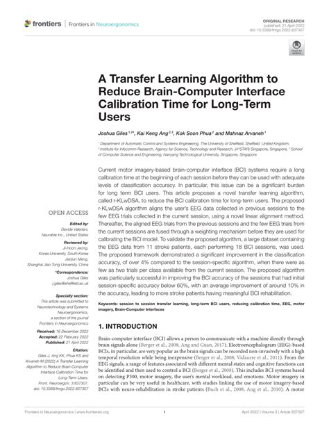 pdf a transfer learning algorithm to reduce brain computer interface calibration time for long