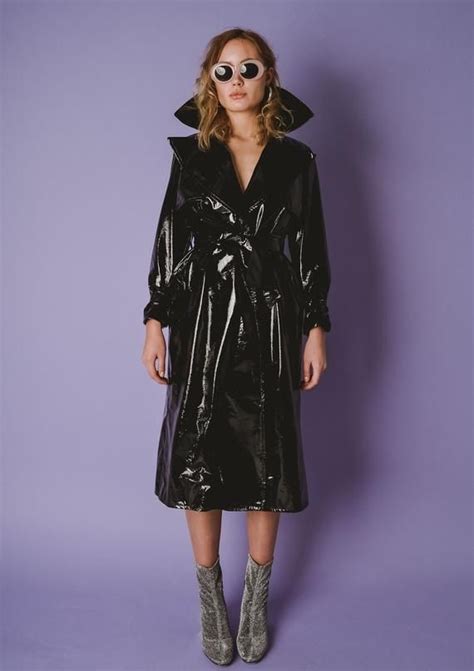 Vinyl Black Trench Coat Glossy Raincoat Black Vinyl Coat Pvc