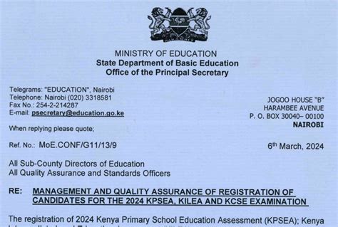 Ministry Circular On Management Of 2024 Kpsea Kilea And Kcse Exams