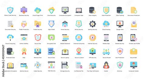 Information Security Flat Icons Data Integrity Icon Set In Color Style 50 Vector Icons Stock