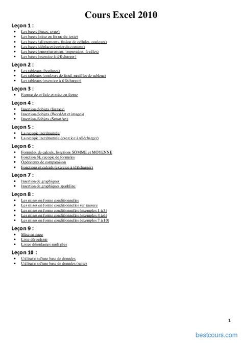 cours excel 2010 complet des bases aux fonctions avancées pdf