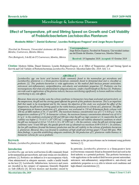 Effect Of Temperature Ph And Stirring Speed On Growth And Cell Viability Of Probioticbacterium