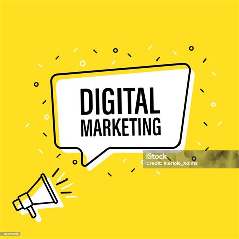 디지털 마케팅 연설 거품과 확성기를 들고 남성 손 스피커 비즈니스 마케팅 및 광고를 위한 배너입니다 벡터 일러스트입니다 개념에