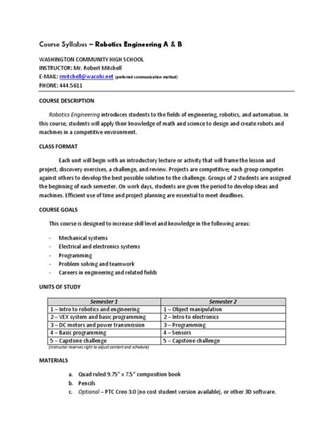 Course Syllabus Robotics Engineering Pdf Robotics Engineering